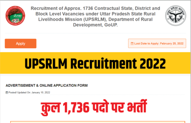 UPSRLM Recruitment 2022 Notification Out For 1736 Block Level, District ...