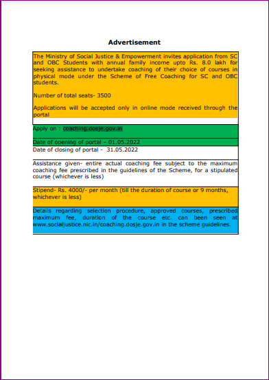 Government Free Coaching Scheme 2022 (Registration): SC OBC Free ...