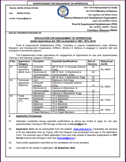 DRDO PXE Apprentice Recruitment 2022 Notification Released For ...
