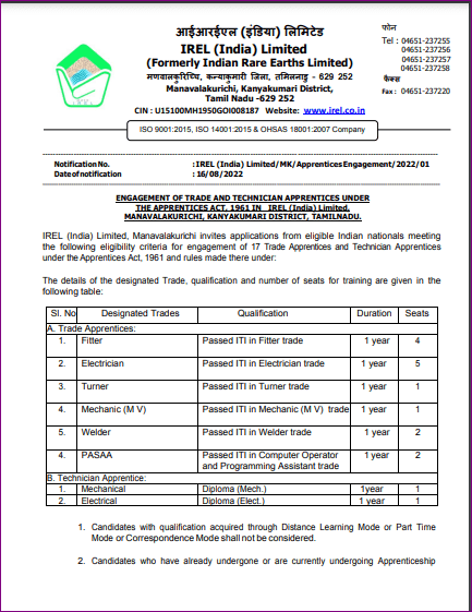 IREL Recruitment 2022 - Apply For Apprentices Positions, Check ...