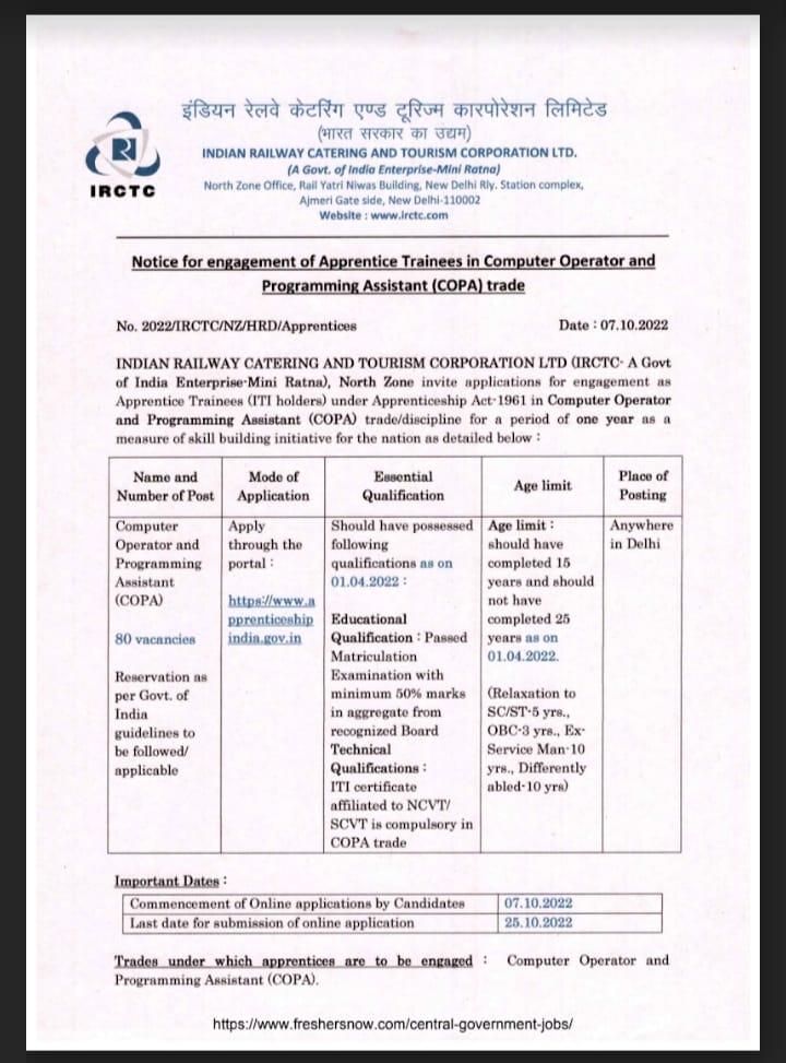 IRCTC Recruitment 2022 - Online Apply For 80 Apprentice Trainee Posts