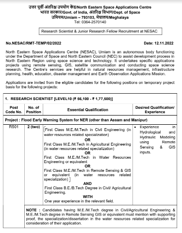 NESAC JRF, Research Scientist Recruitment 2022: Apply Online For 47 Post And Last Date