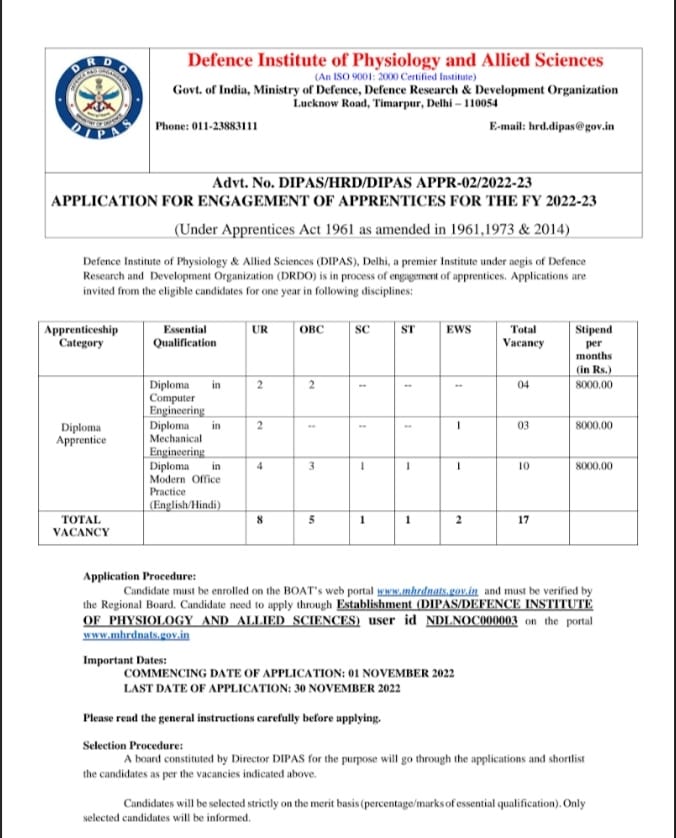 DRDO DIPAS Diploma Apprentice Recruitment 2022 Apply Online For 17 ...