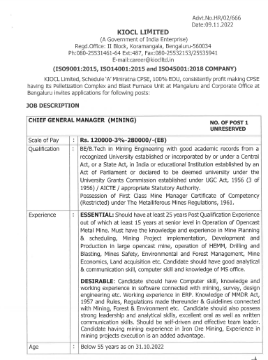 KIOCL Recruitment 2022 Notification For 17 Vacancy Online Form