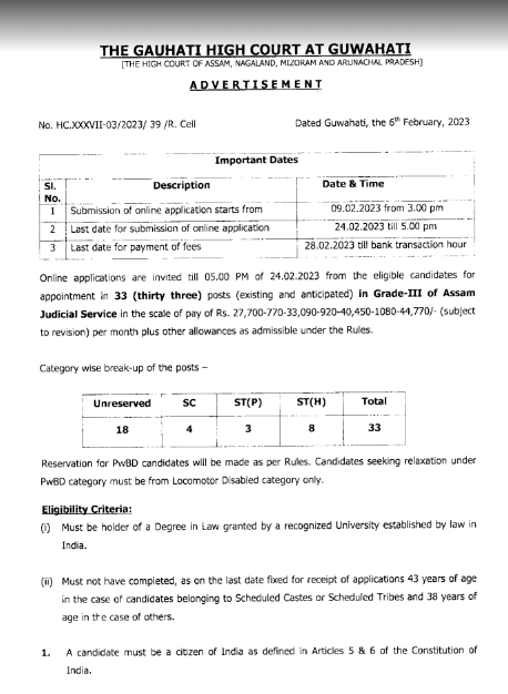 Gauhati High Court Recruitment 2023 - 33 Post Assam Judicial Service Grade-III Vacancy