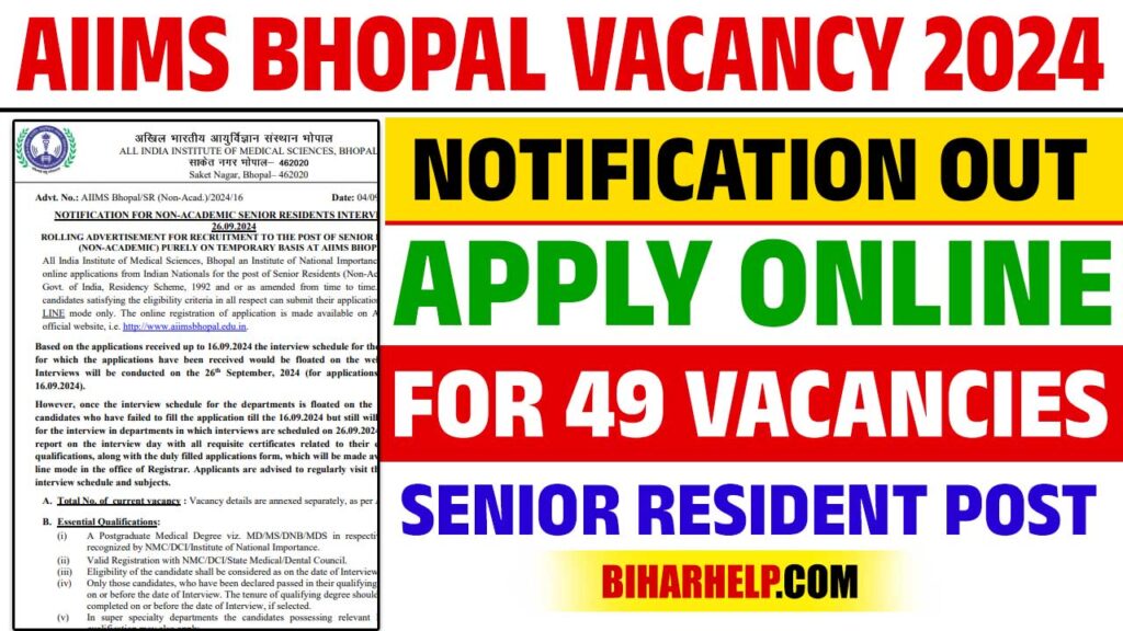 AIIMS Bhopal Vacancy 2024 Apply Online For 49 Senior Resident Post
