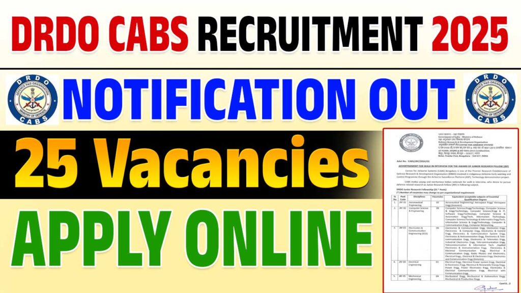 DRDO CABS Recruitment 2025 Apply Online For 25 Junior Research Fellow ...