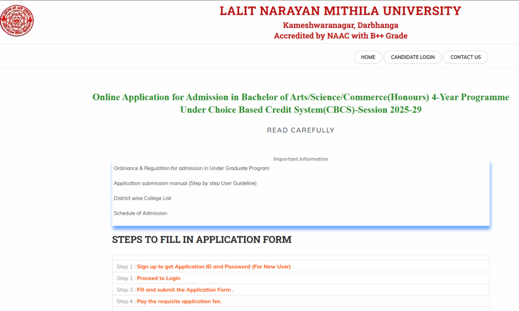 Lalit Narayan Mithila University UG Admission 2025 Apply Online (Start) : LNMU UG (B.A, B.Sc, B ...
