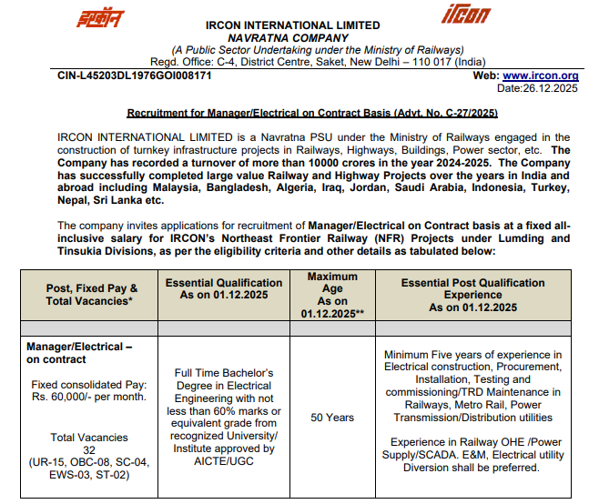 IRCON Recruitment 2026 – Apply Offline Now For 32 Manager/Electrical ...